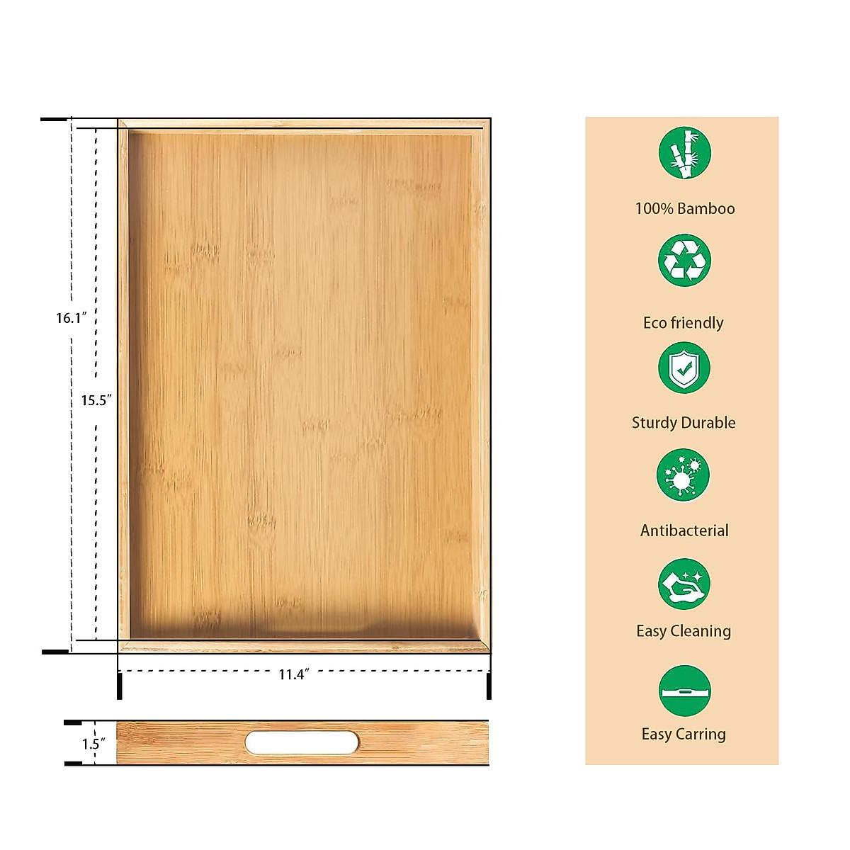 Krismax Serving Tray with Handles, Bamboo Breakfast Tray Wooden Trays Decorative Serving Platter for Eating, Working, Storing, Used in Bedroom, Kitchen, Living Room, Bathroom, Hospital and Outdoors