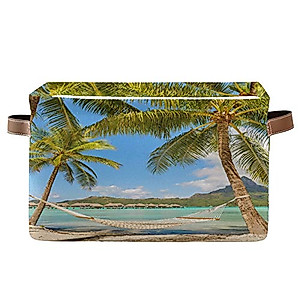 AUUXVA Palm Trees Tropical Beach Sea Storage Basket Large Foldable Storage Organizer Cubes Bins with Leather Handles Sturdy Collapsible Boxes for Shelf Cloth Toy Closet-2 Pack