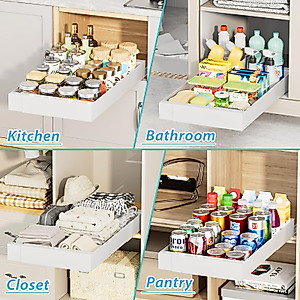 OVICAR Pull Out Cabinet Organizer - Expandable Slide Out Drawer - 21" Deep Adhesive Storage Shelf with 4pcs Divider Racks for Kitchen Pantry Bathroom Home, 12.2"-20.7" W, White