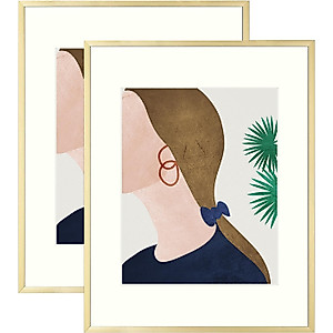 AUEAR, 11x14 Aluminum Metal Wall Mounting Photo Frame with Ivory Mat for 8x10 Pictures Includes Sawtooth Hangers, Spring Clips Real Glass (Gold, 2-Pack)