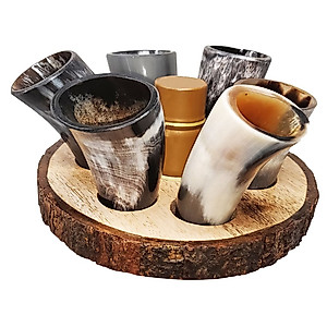 SIXTH SENSE Buffalo Horn Shot Glass Rack -Set of 6 Authentic 2 oz. Horn Shot Glasses with Premium Wooden Rack to hold Glass on Bottal Neck(No bottal included)