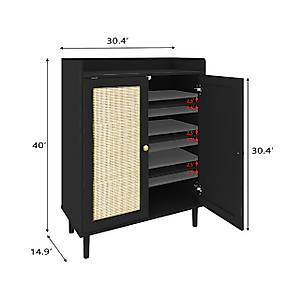Shoe Cabinet - Rattan Shoe Cabinet for Entryway, Shoe Storage Cabinet with Adjustable Shelves, Black Shoe Cabinet, Farmhouse Freestanding Wood Shoe Rack Organizer for Closet, Living Room, Hallway