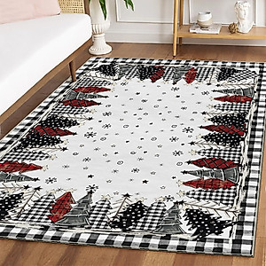 Artoid Mode Watercolor Buffalo Plaid Xmas Tree Merry Christmas Area Rug, Winter Home Decor Low-Profile Washable Area Rugs for Entryway Bedroom Living Room Laundry Room Indoor 5x7 Feet