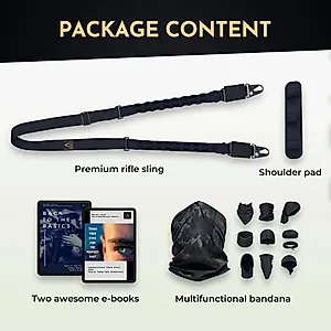 Flexible Two Point Rifle Sling — Extra Long, Adjustable, Shoulder Padded and Versatile — Made of High Density Nylon Metal Hook — Incl. Bandana and 2 Skill Improvement eBooks