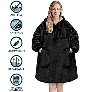 PAVILIA Wearable Blanket Sweatshirt for Women Men, Black, Warm Cozy Giant Blanket Hoodie, Fleece Sherpa Oversized Blanket Sweatshirt with Sleeves, Big Pocket