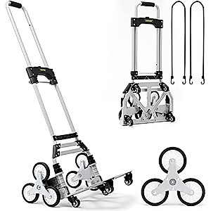 VEVOR Stair Climbing Cart, 220 lbs Load Capacity, Foldable Hand Truck with 32.3-45.7 inch Adjustable Handle Height, 4 Universal Wheels & 2 Elastic Ropes, Multipurpose Dolly for Warehouse Shopping