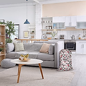 Swono Watercolor Sketch Poppy Large Laundry Bag Washable Large Dirty Clothes, Leaf Repeating Pattern Drawstring Organizer Bag, Fit Hamper Basket Camp Travel Home Dorm, Pink Black