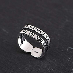 Retro Vintage 925 Sterling Silver Roman Numerals Symbol Ring for Men Women Open and Adjustable