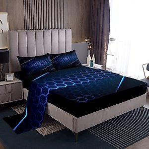 Honeycomb Bed Sheets Hexagonal Print Bedding Sheet Geometrical Beehive Blue Bedding Set for Boys Girls Children Teens Bedroom Decor Geometric Simplistic Bed Sheet Set Twin Size with 1 Pillow Case