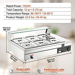 VEVOR 6-Pan Commercial Food Warmer, 6 x 12QT Electric Steam Table with Tempered Glass Cover, 1500W Countertop Stainless Steel Buffet Bain Marie 86-185°F Temp Control for Catering, Restaurants, Silver