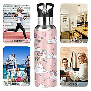 OREZI Unicorn In Pink World Water Bottle Thermos with Straw Lid for Boys Girls,600 ml,Leakproof Stainless-Steel Sports Bottle for Women Men Teenage