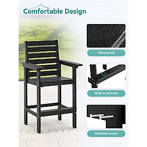 Homenjoy Tall Adirondack Chair Set of 2 with Connecting Tray, HDPE Weather Resistant Patio Bar Stools, Heavy Duty Bar Height Adirondack Chairs with Footrest, 26" H Balcony Chair for Deck,Black
