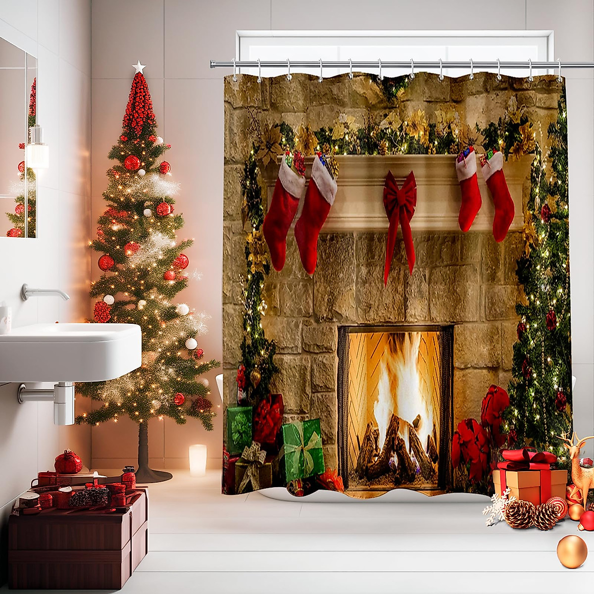 BROSHAN Fabric Christmas Shower Curtain, Red Christmas Shower Curtains for Bathroom, Winter Holiday Bathroom Decor, Xmas Tree Fireplace Pattern