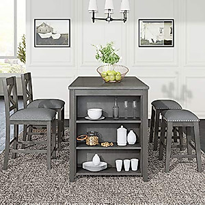 Life In Color 5-Piece Dining Room Table Set, Compact Bar Pub Table Set, Height Rustic Farmhouse Wooden Dining Room，Perfect for Small Kitchen Dining Room (Gray+Wood+1table+2chairs+2stools)