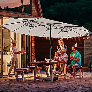 Giantex 15ft Large Outdoor Umbrella Double-Sided, 48 Solar Lights, Auto-Charging Solar Panel, Extra Large Patio Umbrella with Base and Crank, Outdoor Market Umbrellas for Poolside Garden (Beige)