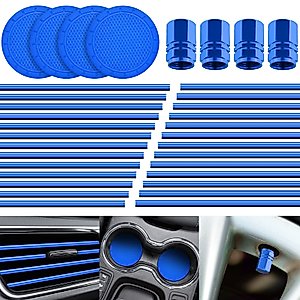 Frienda 28 Pcs Car Accessories: 20 Pcs Air Conditioner Decoration Strip, 4 Non-Slip Silicone Cup Coasters, 4 Car Tire Valve Stem Caps (Blue)