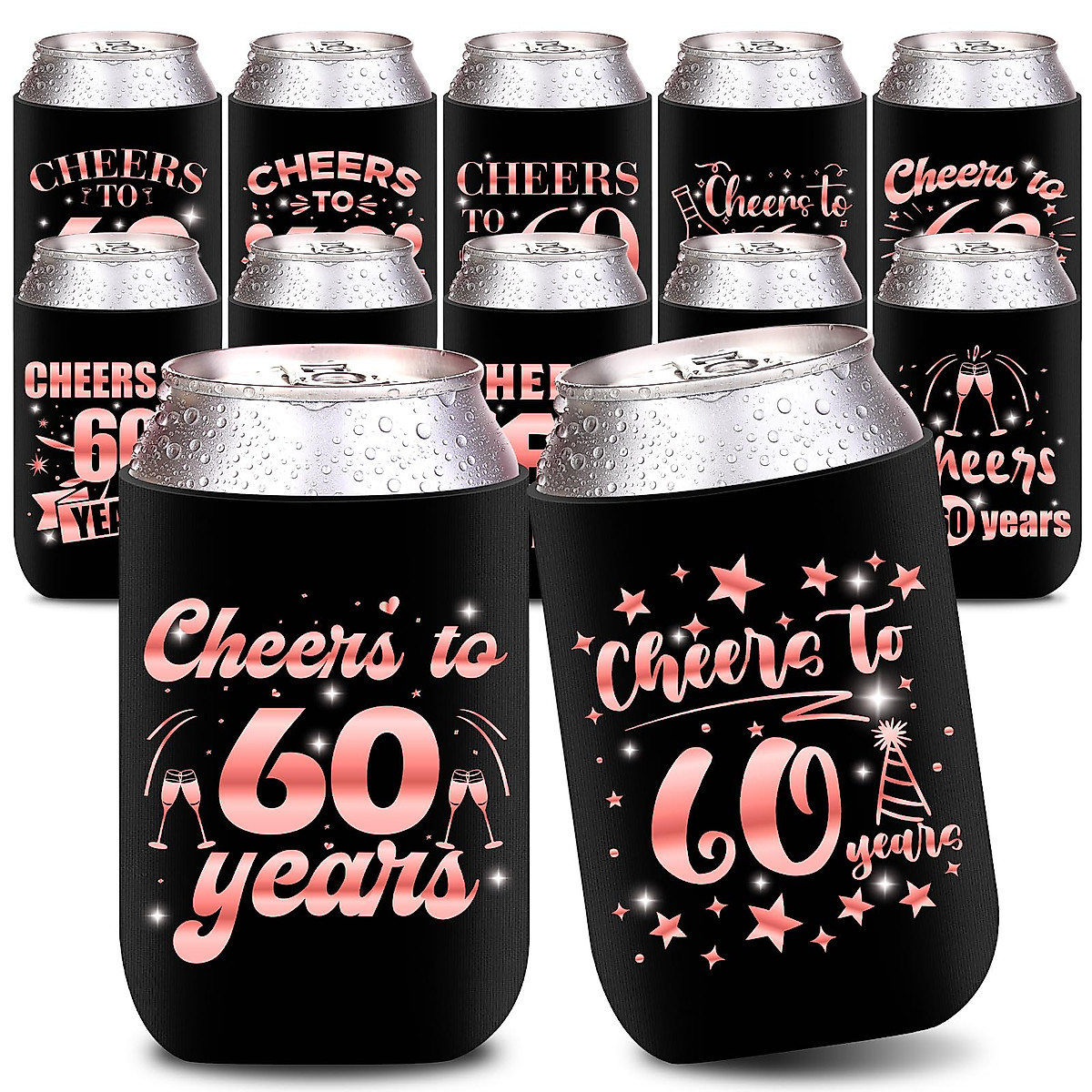 12Pcs Can Cooler Sleeves - Rose Gold 60th Birthday Decorations for Women - Beverage Can Cooler Sleeves for Cheers to 60 Years Old Party Supplies Gift