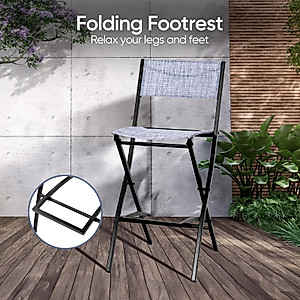 Outdoor Patio Bar Stools Set of 2, Folding Counter Height Stool with Footrest and Heavy-duty Metal Frame, Outdoor Bar Chairs with Breathable Textilene Fabric, Patio Bar Sets for Balcony, Poolside