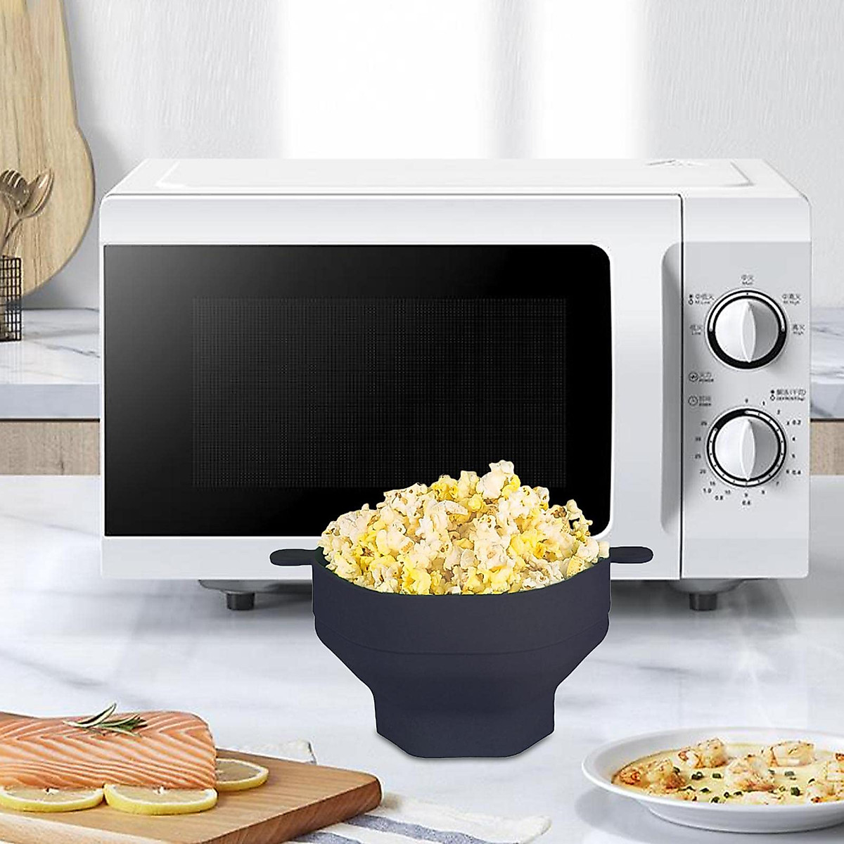 Popcorn Bowl, Large Microwave Popcorn Maker, Creative Microwave Heating Bowl, Collapsible Bowl, Silicone Seasoning Bowl, Popcorn Bowl Set for Kitchen, Family, Kids, Movie Night