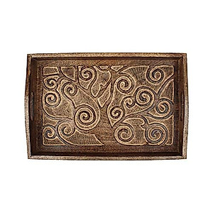Tree of Life Hand Carved Wooden Breakfast Serving Tray with Handle for Tea Snack Dessert Kitchen Dining Serve-Ware Accessories 15 x 10 Inches