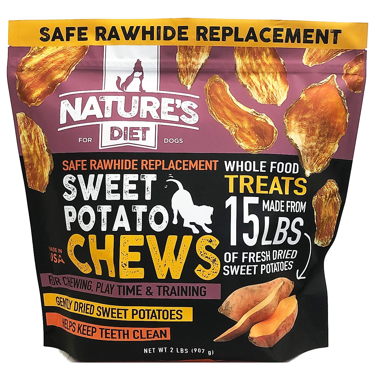 Nature's Diet Sweet Potato Chews XL 2lb Bag Safe Rawhide Replacement, Natural Treat, Training, Teeth, Healthy Snack for Dogs