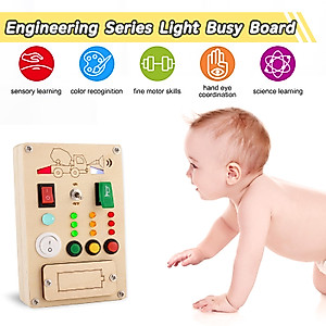 Busy Board Montessori Toys for 1 Year Old Led Button Push Toys Light Switch Preschool Learning Toys Wooden Sensory Toys for Toddlers 1-3 Baby Gifts Travel Fidget Toy (Vehicle Theme Light Toy)