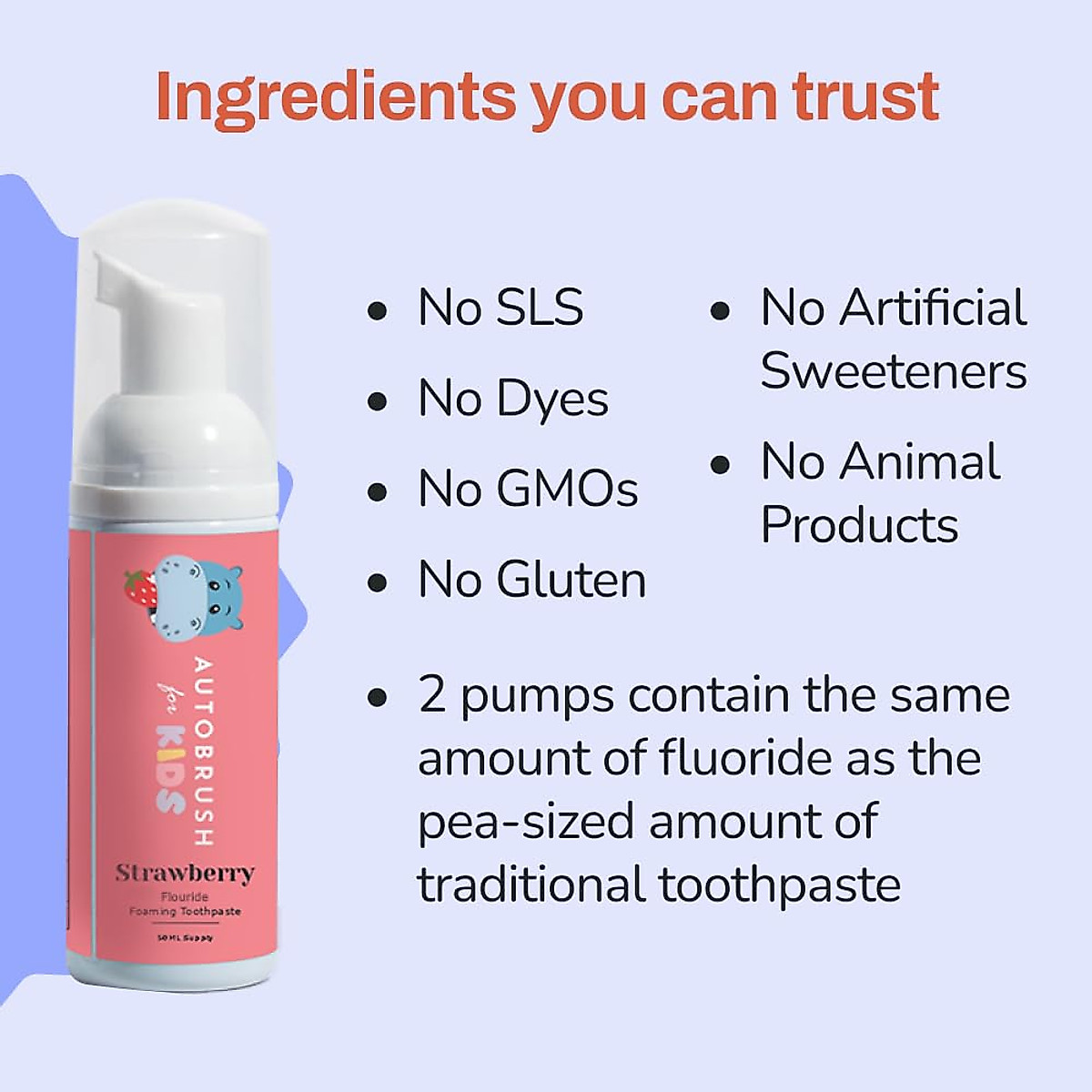 autobrush Kids Fluoride-Free Foaming Toothpaste Strawberry Flavor for Electric or U-Shaped Toothbrush, SLS-Free, Training Toothpaste, Anti-Cavity (2 Pack)