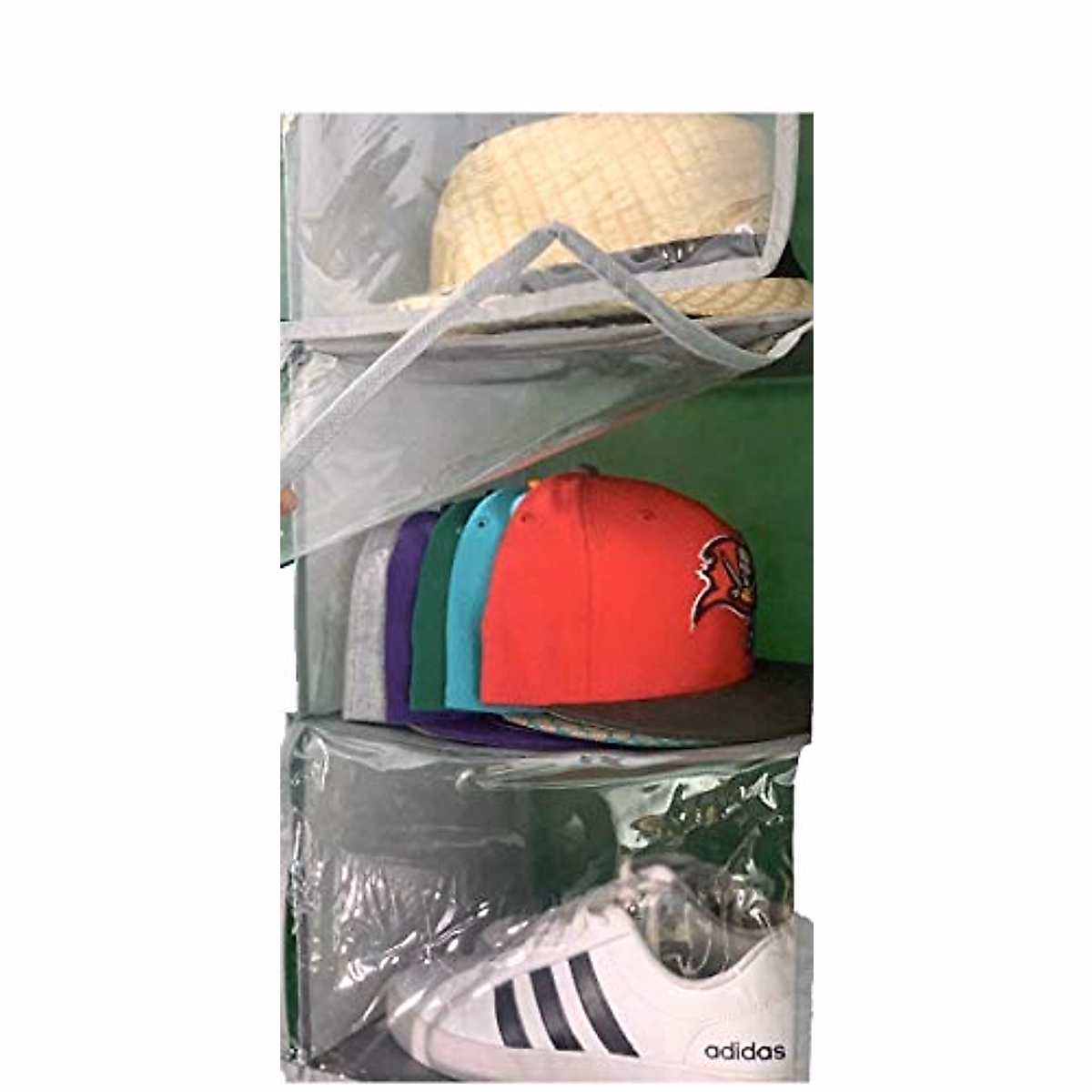 Hat-Headz Hanging Closet Organizer 6 Shelves PVC Curtain Protection 12”x 12” 48" Closet Organizers and Storage Hanging Shoes Hats Bags and More -Grey