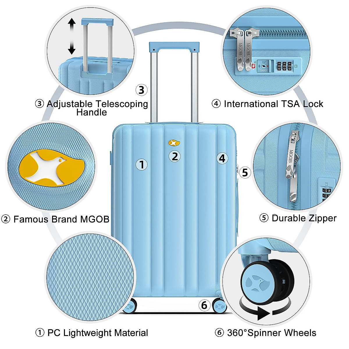 MGOB Carry On Luggage 22x14x9 Airline Approved, Hard Suitcases with Spinner Wheels, Polycarbonate Lightweight Luggage, Durable & Stylish, Built-in TSA Lock, Blue