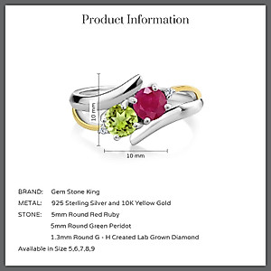Gem Stone King 1.12 Ct Round Red Ruby Green Peridot 925 Silver and 10K Yellow Gold Lab Grown Diamond 2 Stone Crossover Ring (Size 7)