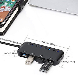 USB 3.0 Hub Splitter - USB Extender 4 Port USB Ultra Slim Data Hub with Individual Power Switch and LED for Laptop, Computer, PC, Thumb Driver and More