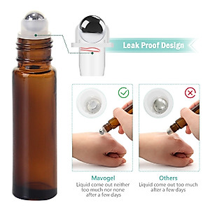 mavogel 24, 10ml Roller Bottles for Essential Oils - Amber, Glass with Stainless Steel Roller Balls (3 Extra Roller Balls, 54 Pieces Labels, Opener, Funnel, Dropper, Brush Included)
