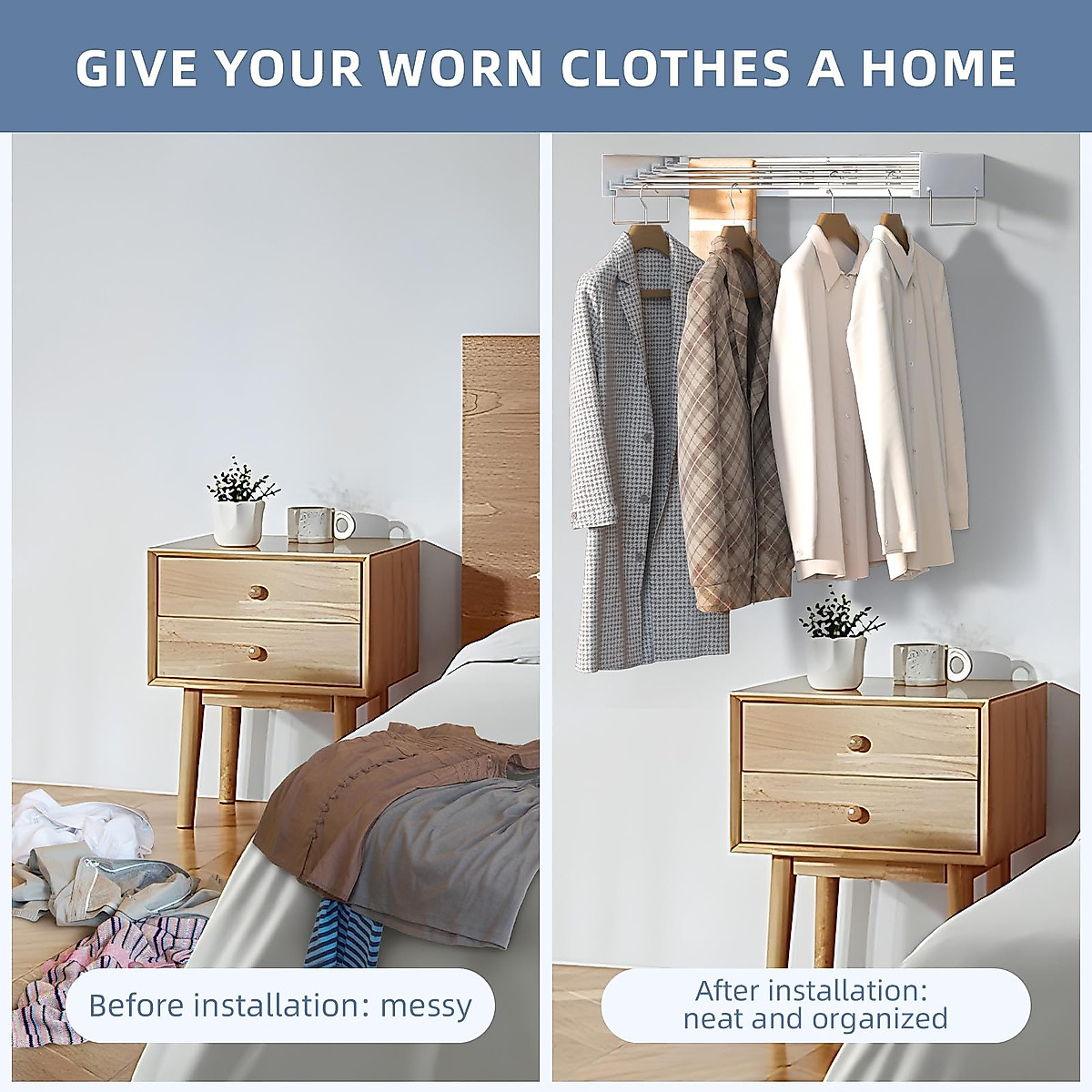 tonchean Wall Mounted Drying Rack Collapsible, Laundry Drying Rack 31.5" Wide, 13.2 Linear Ft Carbon Steel Quality Upgrade 110lb Capacity with Wall Template for Indoor Outdoor Drying Clothes