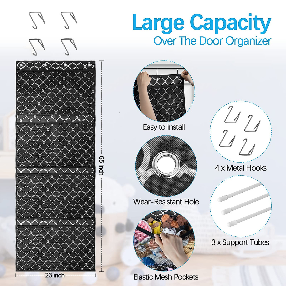 Stuffed Animal Storage, Over The Door Organizer Storage for Closet, Baby, Plush Toy, Stuffed Animal Holder with 4 Large Pockets, Hanging Door Organizer for Nursery, Bedroom, Bathroom, Kids Room