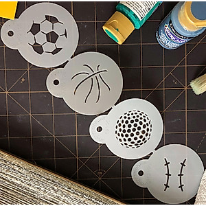 Designer Stencils Small Sports Ball Cupcake and Cookie Stencils (Basketball - Golf - Soccer - Baseball), Beige/semi-transparent