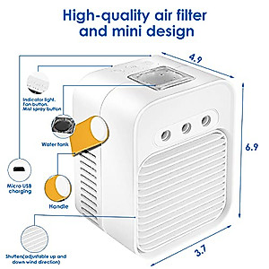 Portable Air Conditioner Fan,Personal Evaporative Air Cooler Quiet Desk Fan with Handle,Rechargeable Humidifier with 7 Colors Light,3 Speeds & 3 Spray Modes for Room Office Home Travel,White 2021s