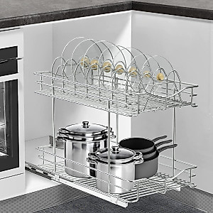FULGENTE Pull Out Cabinet Drawer Organizer for Lid Cookware 11" W x 21" D 2 Tier Slide Out Kitchen Shelves Storage for Pots and Pans Roll Out Pot Top Shelf for Cabinet Wire Frame Chrome Finish