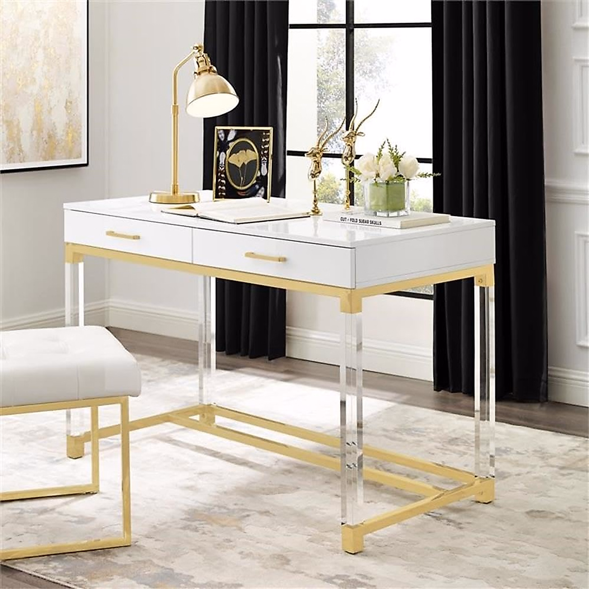 Posh Briar 2-Drawer Metal Writing Desk with Acrylic Legs in White/Gold