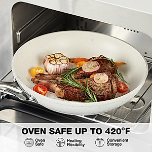 HLAFRG 12 Inch Nonstick Frying Pan with Lid, White Marble Skillet Stone-Derived Coating, APEO & PFOA Free, With Heat-Resistant Handle, Oven Safe and Induction Compatible