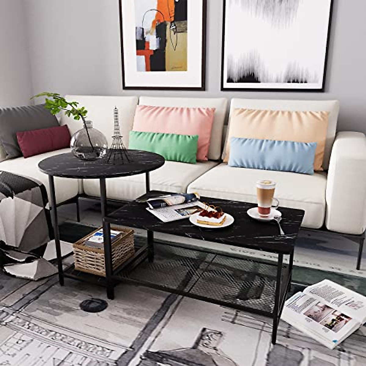 Huhote Coffee Table Black Faux Marble Wood Set of 2 Storage End Table Modern Round and Rectangular Table,2 Tiers Large Table with Metal Frame for Living Room Balcony Cabin Bed Room Dining Room.