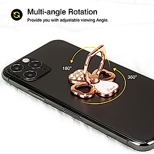 [2 Pack] Lucky Four Leaf Clover Cell Phone Ring Holder Stand, 360 Degree Rotation Finger Ring Kickstand with Polished Metal Phone Grip for Magnetic Car Mount, Smartphone Accessories（Rose Gold）
