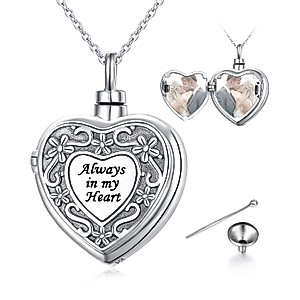 Ashes Locket that Hold Pictures Sterling Silver Urn Necklace for Ashes Always in My Heart Engraved Dainty Filigree Flower Heart Locket Pendant Necklace Memorial Keepsake Cremation Jewelry