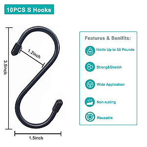 SHANDERBAR 10 Pcs S Hooks for Hanging Heavy Duty, 3.5 Inch Vinyl Coated Large S Hooks for Hanging Plants,Anti-Slip Black S Hooks for Closet, Bathroom,Kitchen and Garden