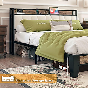 LIKIMIO Full Size Bed Frame, Storage Headboard with Charging Station, Solid and Stable, Noise Free, No Box Spring Needed, Easy Assembly (Walnut and Beige)