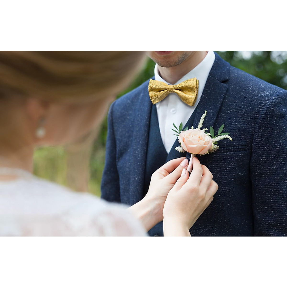 Dubulle Mens Pre-tied Bowtie and Pocket Square Set Paisley/Striped/Checks Bowties for Men,A Gold