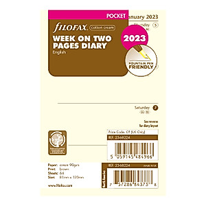 Filofax Refill, Pocket Size, Week-to-View, Cotton Cream Paper, Unruled, English, 2023 (68224-2018)