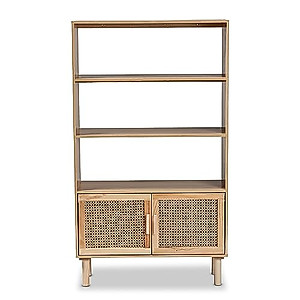 Baxton Studio Faulkner Mid-Century Modern Natural Brown Finished Wood and Rattan 2-Door Bookcase
