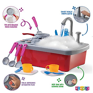 Play22 17 Pc Kids Play Sink with Running Water - Kitchen Sink Toy - Toddler Sink Toy with Real Faucet & Drain, Dishes, Utensils - Play Cooking Stove W/Pan - Kitchen Toys for Toddlers & Kids