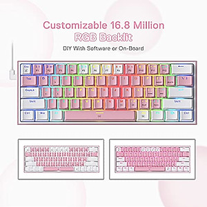 Redragon K617 Fizz 60% Wired RGB Gaming Keyboard, 61 Keys Compact Mechanical Keyboard w/White and Pink Color Keycaps, Linear Red Switch, Pro Driver/Software Supported