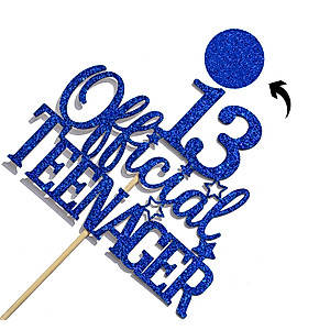 Blue Glitter 13 Official Teenager Cake Topper, Cheers to 13 Years Decor, 13th Birthday Party Decorations